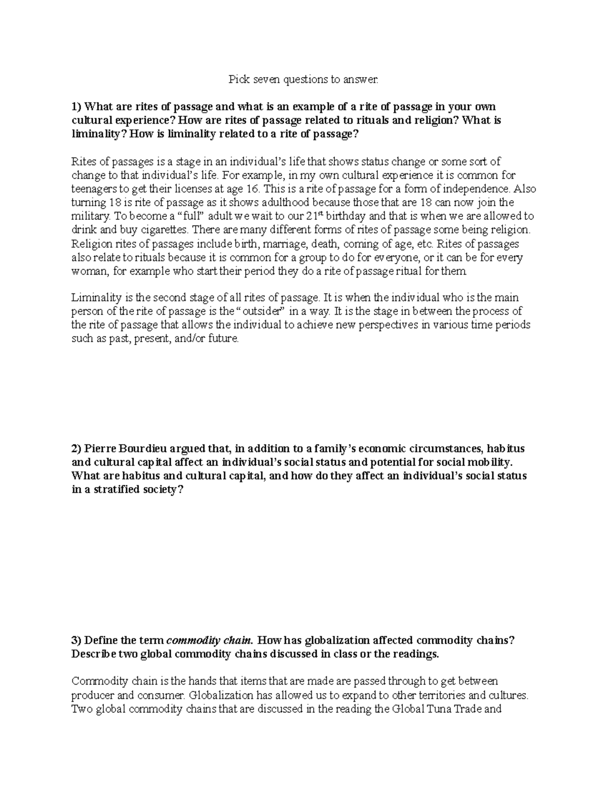 Final ANTH 205 - notes - Pick seven questions to answer. What are rites ...