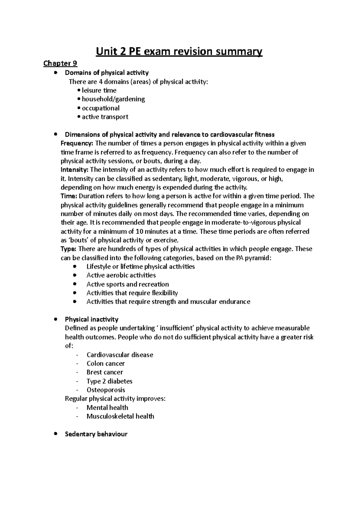 Unit 2 PE exam 2021 revision summary - Unit 2 PE exam revision summary Chapter 9 Domains of ...