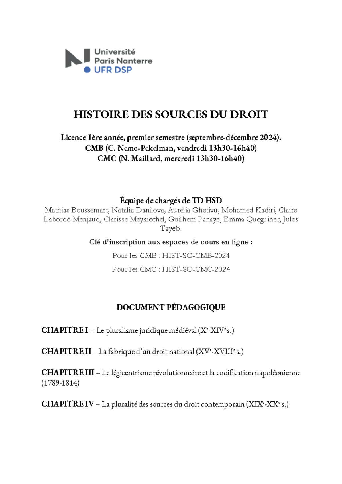 Fascicule TD HSD 2024-2025 - HISTOIRE DES SOURCES DU DROIT Licence 1ère année, premier semestre ...