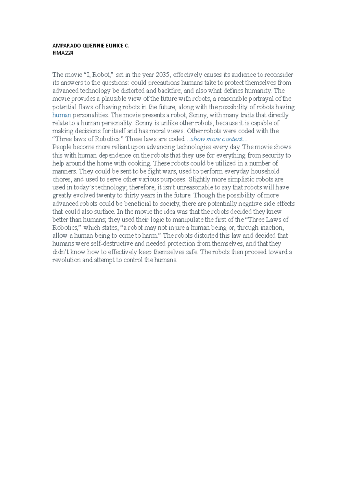 Essay - bkjfgf - AMPARADO QUENNIE EUNICE C. HMA The movie “I, Robot ...