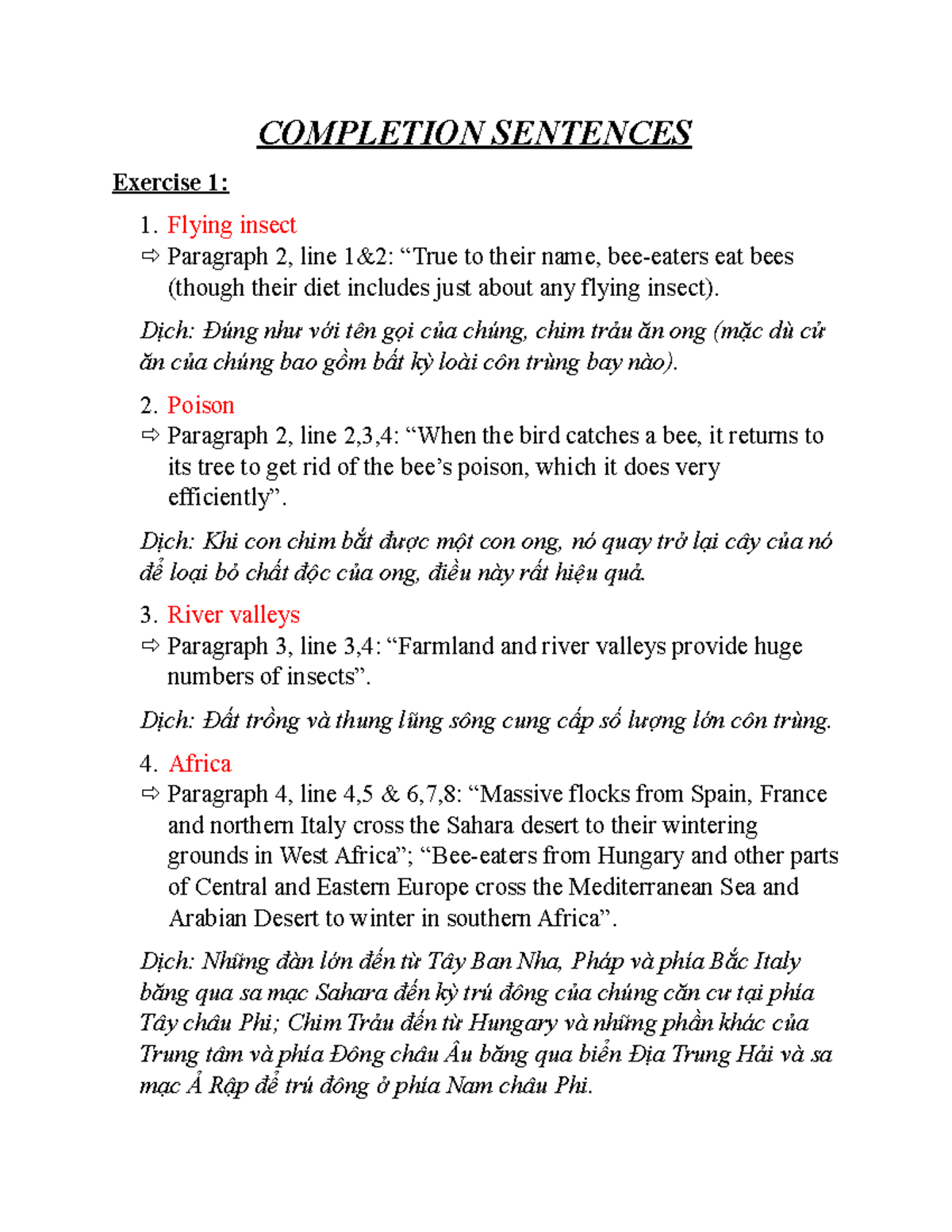 Completion Sentences - đọc 1 - COMPLETION SENTENCES Exercise 1: Flying ...