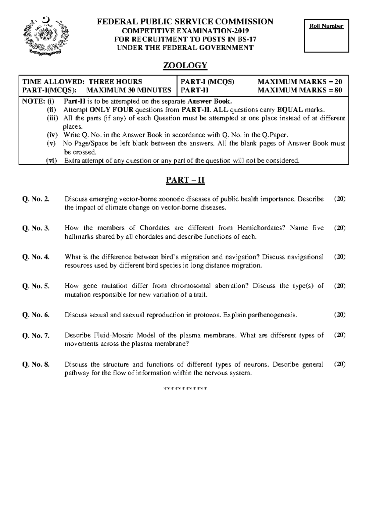 CSS Zoology Past Paper 2019 - TIME ALLOWED: THREE HOURS PART-I(MCQS ...