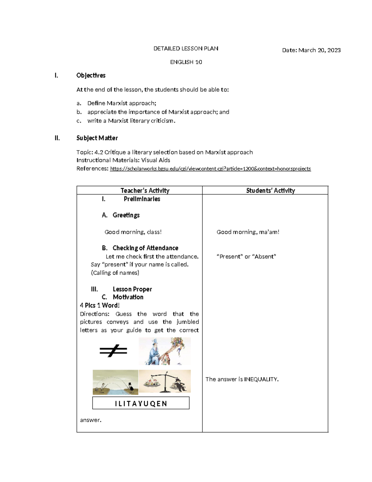 637288759 Detailed Lesson PLAN Marxist Approach - DETAILED LESSON PLAN ...