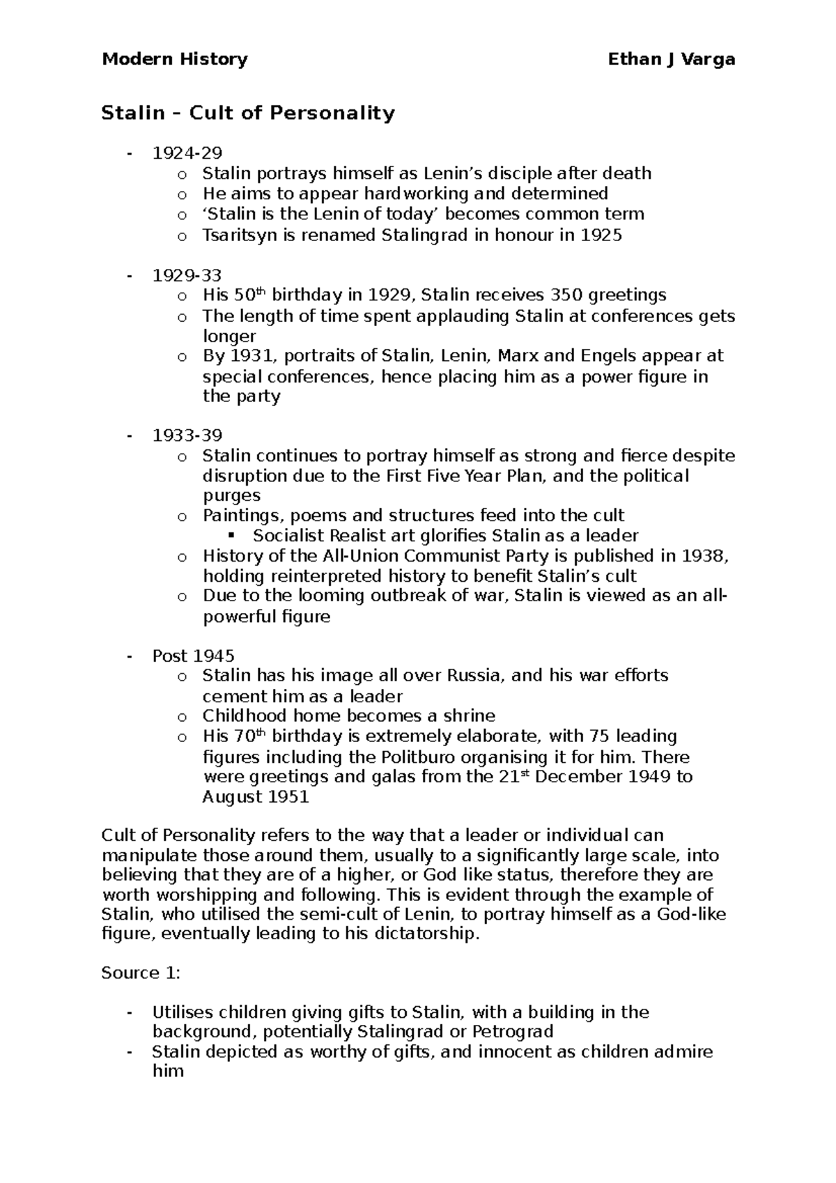 Stalin - Cult of Personality - Modern History Ethan J Varga Stalin ...