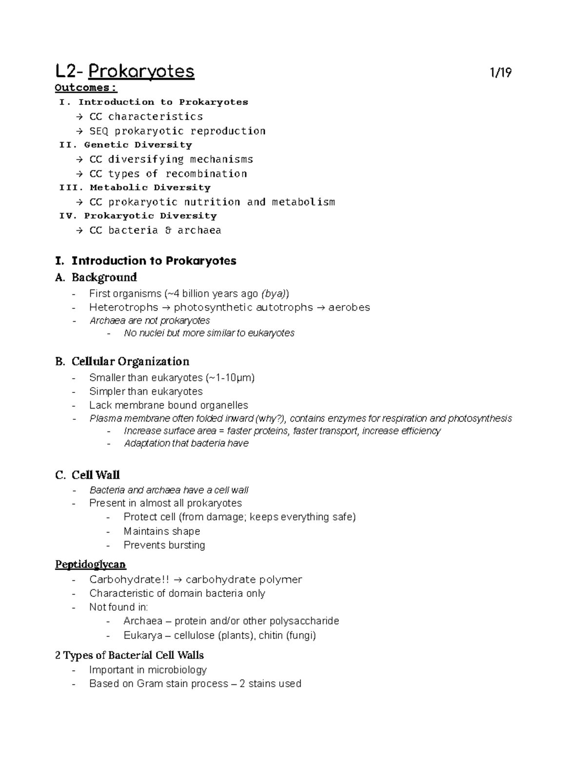 Lecture 2- Prokaryotes - L2- Prokaryotes 1/ Outcomes: I. Introduction ...