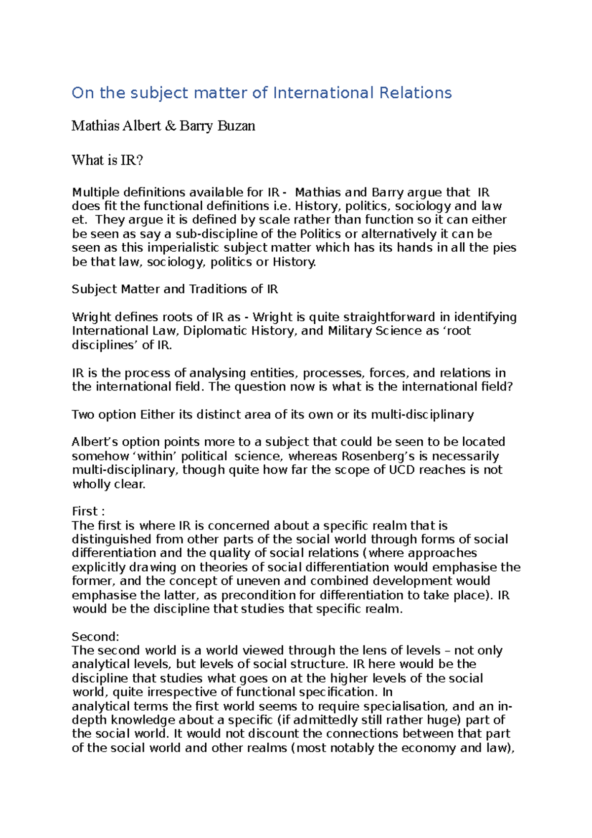 On the subject matter of International Relations - History, politics ...