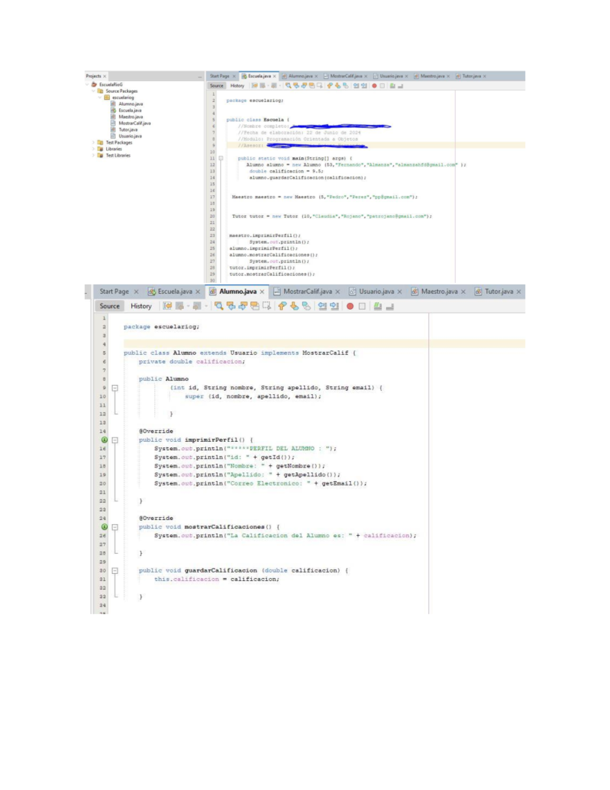 Reto4 POO UVEG - script - Projects x Start Page x 4 Escuela x Alumno x ...