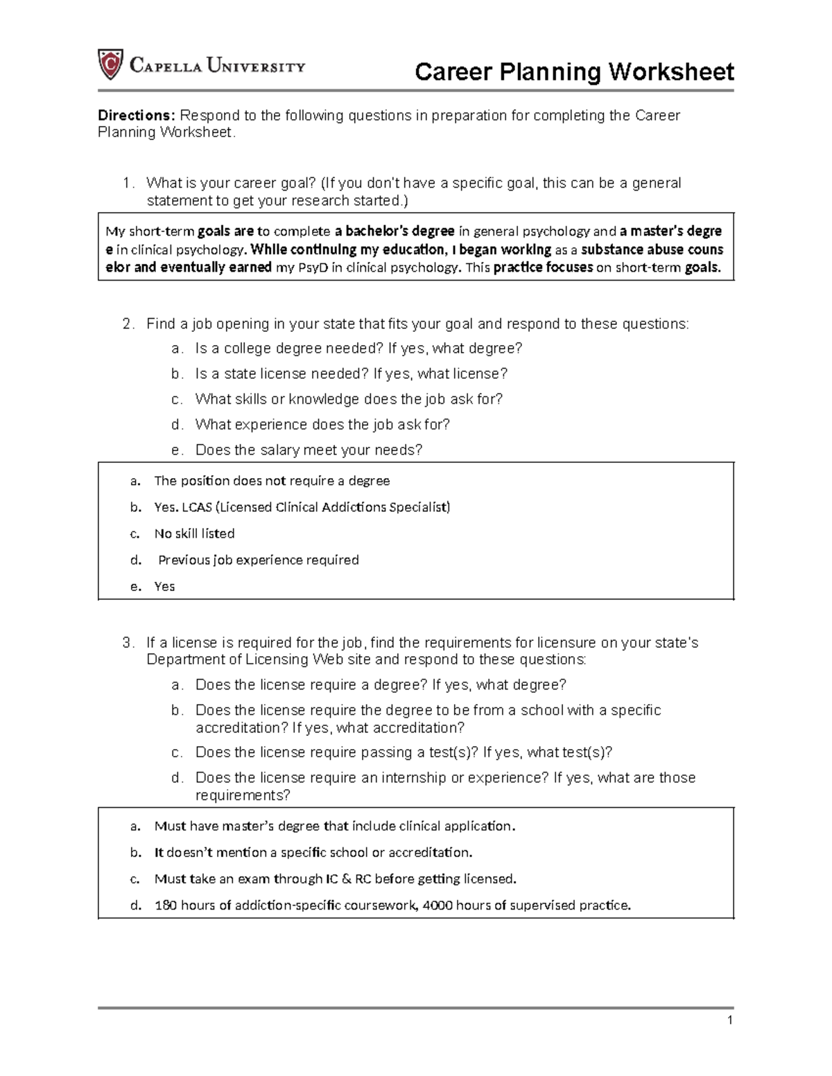 Cf career planning worksheet - Directions: Respond to the following ...