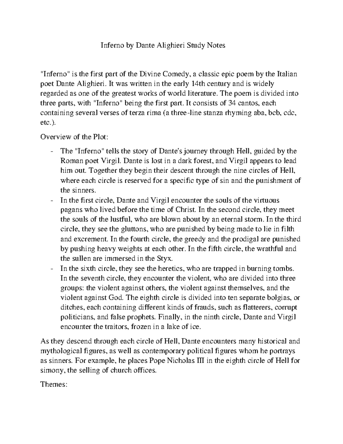 Inferno by Dante Alighieri Study Notes - Inferno by Dante Alighieri ...