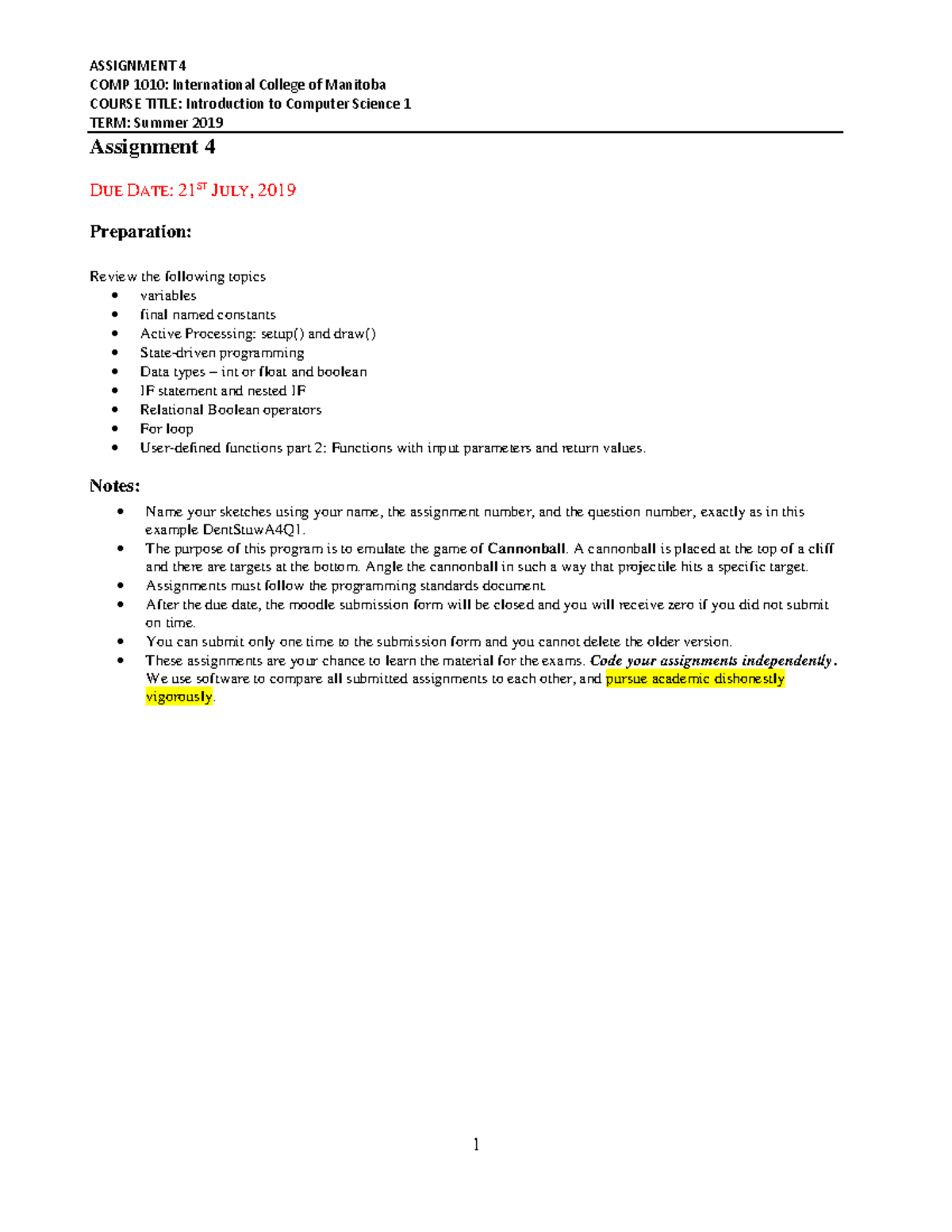 Comp1010 A4 Summer 2019 Assignment 4 Comp 1010 International College Of Manitoba Course Title