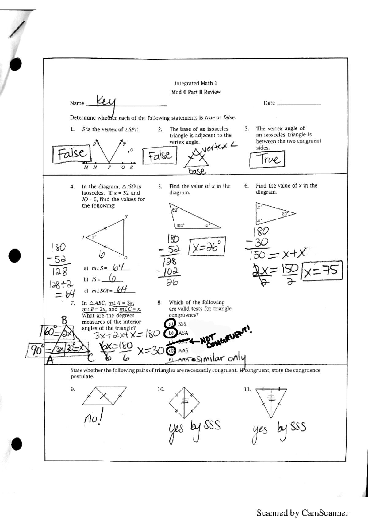 Review 2018, answers - Integrated Math 1 Mod 6 Part ll Review Determine ...