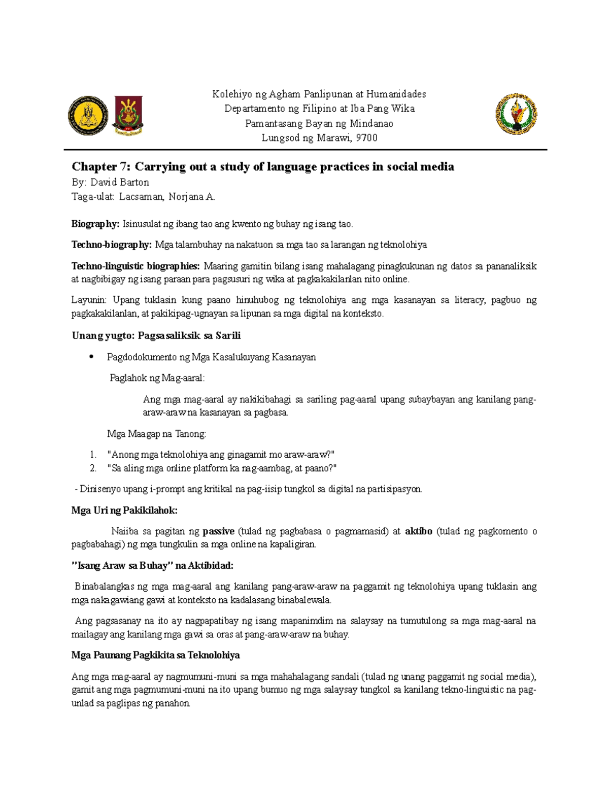 Kabanata 7 Written Report final - Kolehiyo ng Agham Panlipunan at Humanidades Departamento ng ...