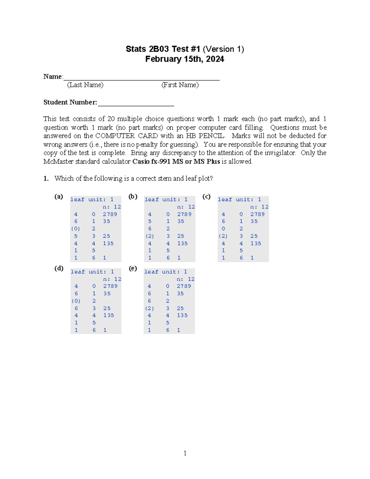 Practice Test 1 for Stats - Stats 2B03 Test #1 (Version 1) - Studocu