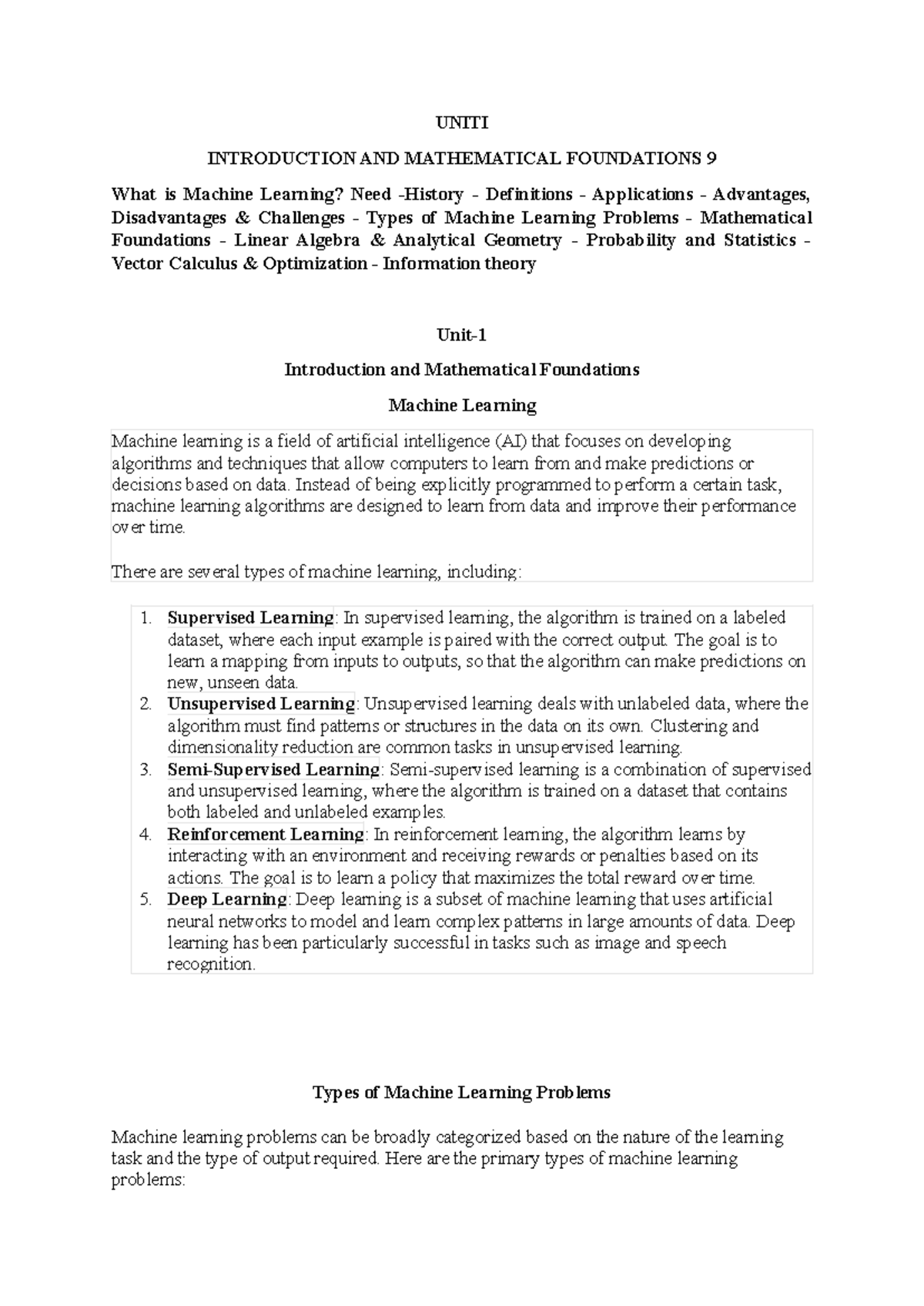 ML-Unit1 - This study material is for machine learning - UNITI INTRODUCTION AND MATHEMATICAL ...
