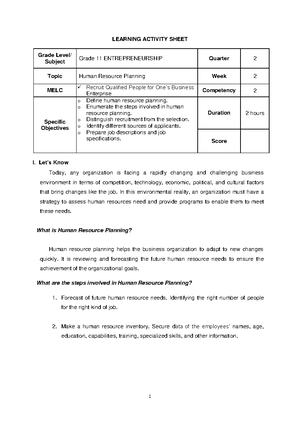 Q2-Entrepreneurship-11 Week-1 - LEARNING ACTIVITY SHEET I. Let’s know ...