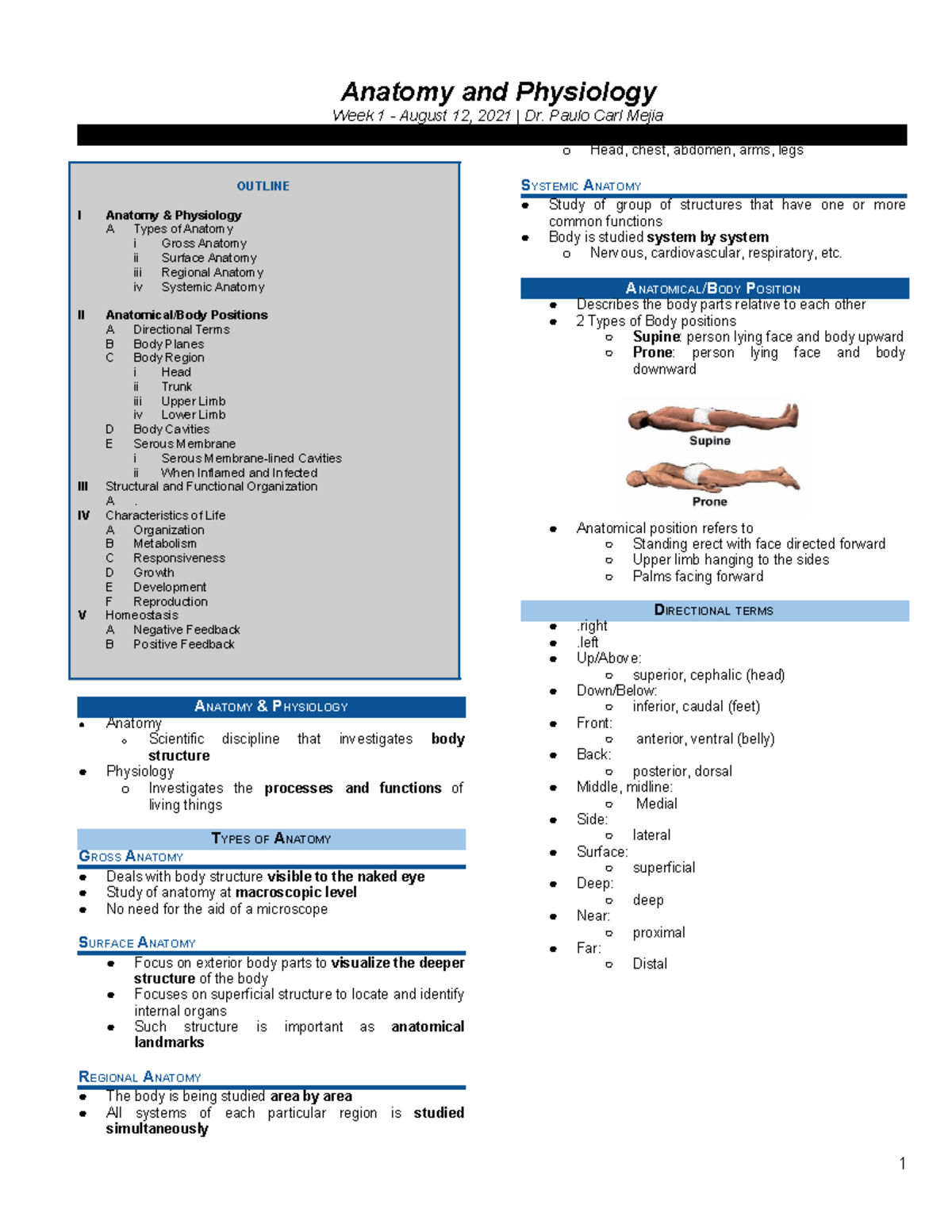 Copy of Anatomy and Physiology - Anatomy and Physiology Week 1 - August ...
