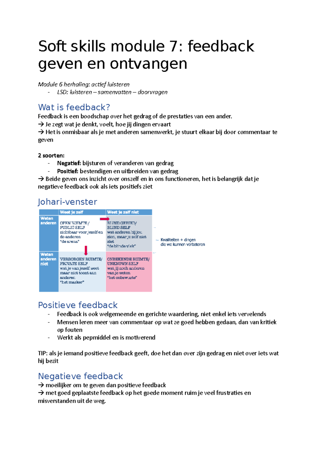 Soft skills module 7 - samenvatting - Soft skills module 7: feedback ...