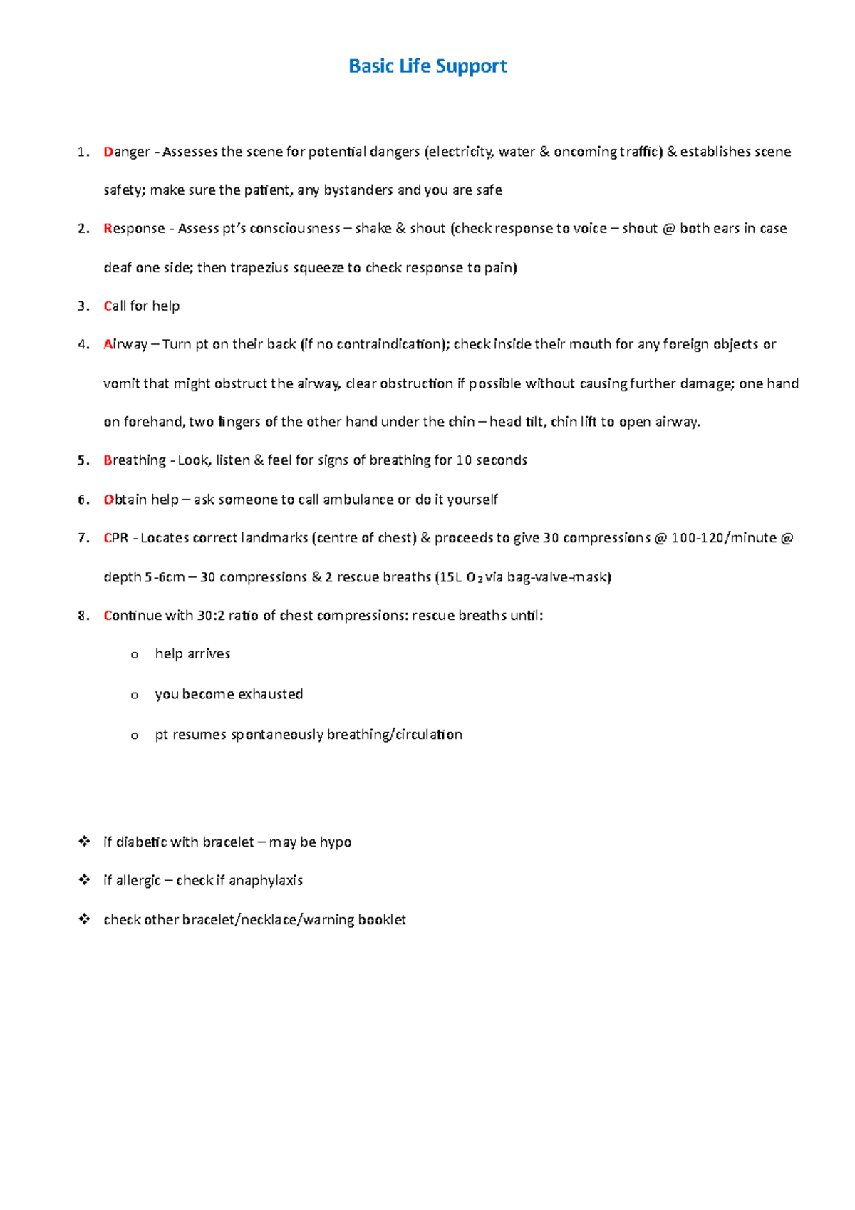 1. Basic Life Support - Summary OSCE - Basic Life Support Danger ...