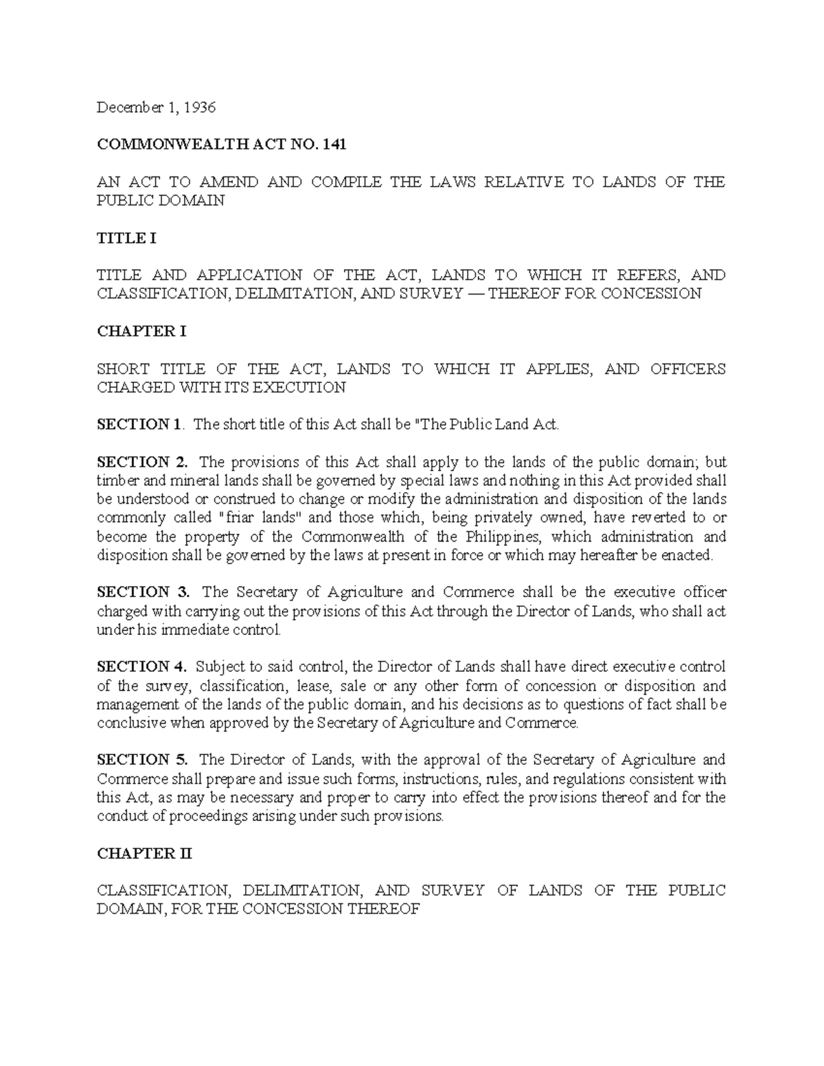 CA 141 law with sections - December 1, 1936 COMMONWEALTH ACT NO. 141 AN ...