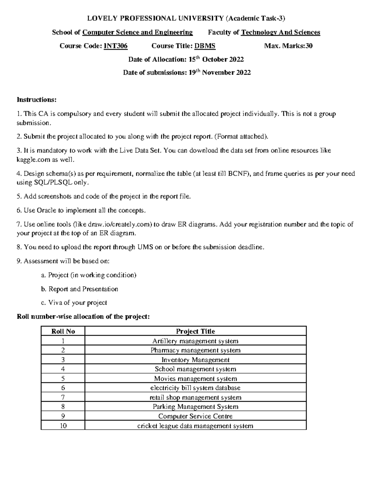 CA3 dbms Project and Instructions - LOVELY PROFESSIONAL UNIVERSITY ( Academic Task-3) School of ...