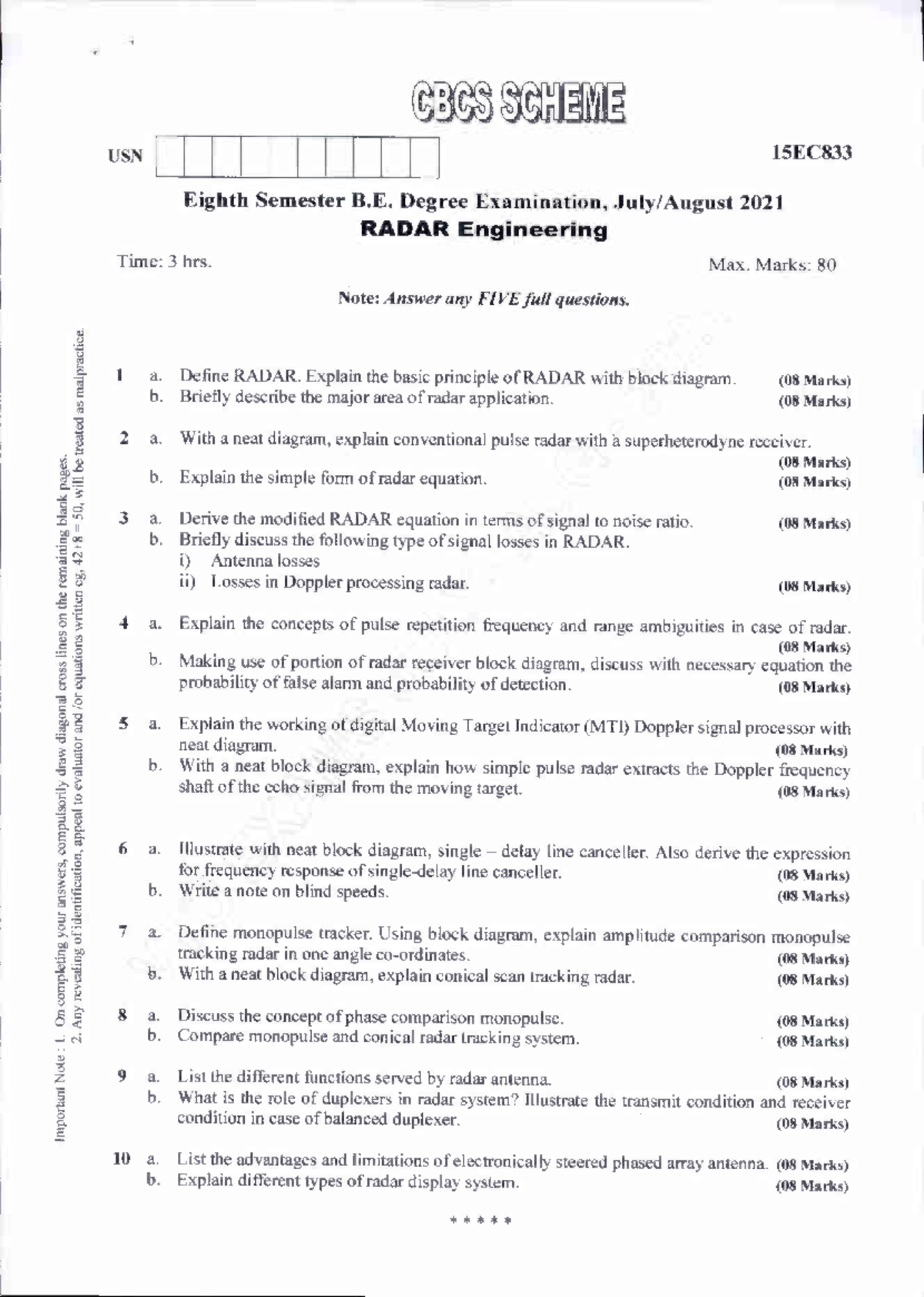 VTU Question Paper with solution of 15EC833 Radar Engineering Aug ...