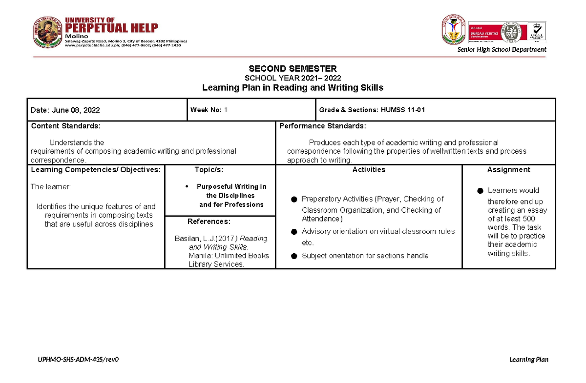 Lessonplan Final demo - Senior High School Department UPHMO-SHS-ADM-435 ...