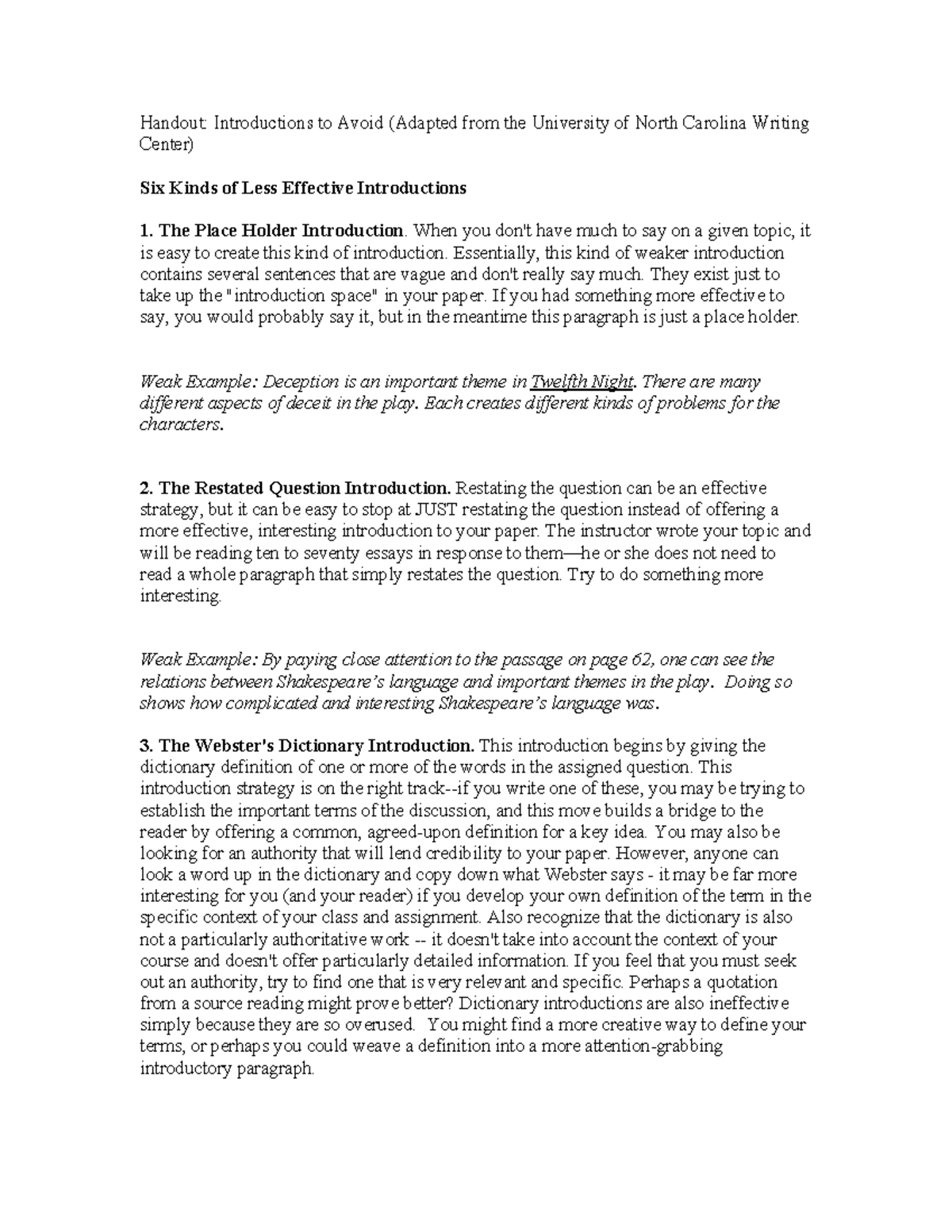 Bad Introductions - yes - Handout: Introductions to Avoid (Adapted from ...