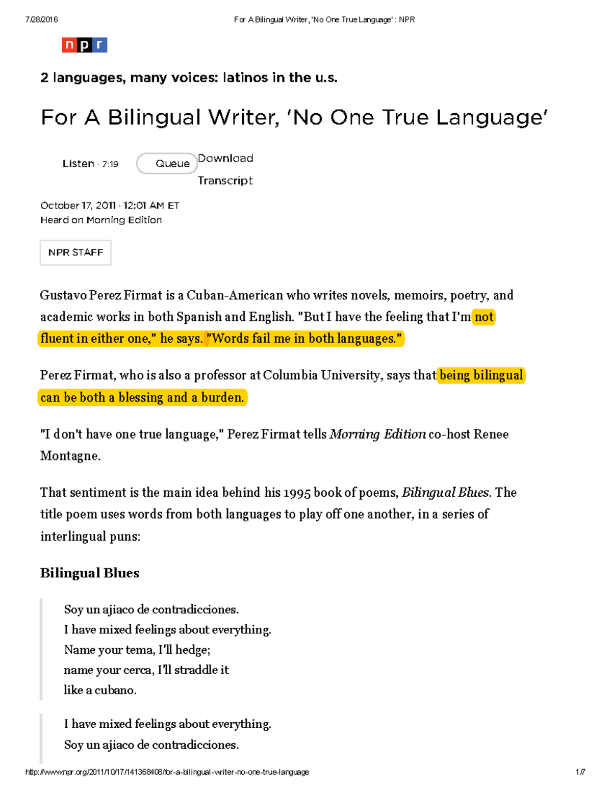 For A Bilingual Writer, 'No One True Language' NPR Gustavo Perez Firmat ...