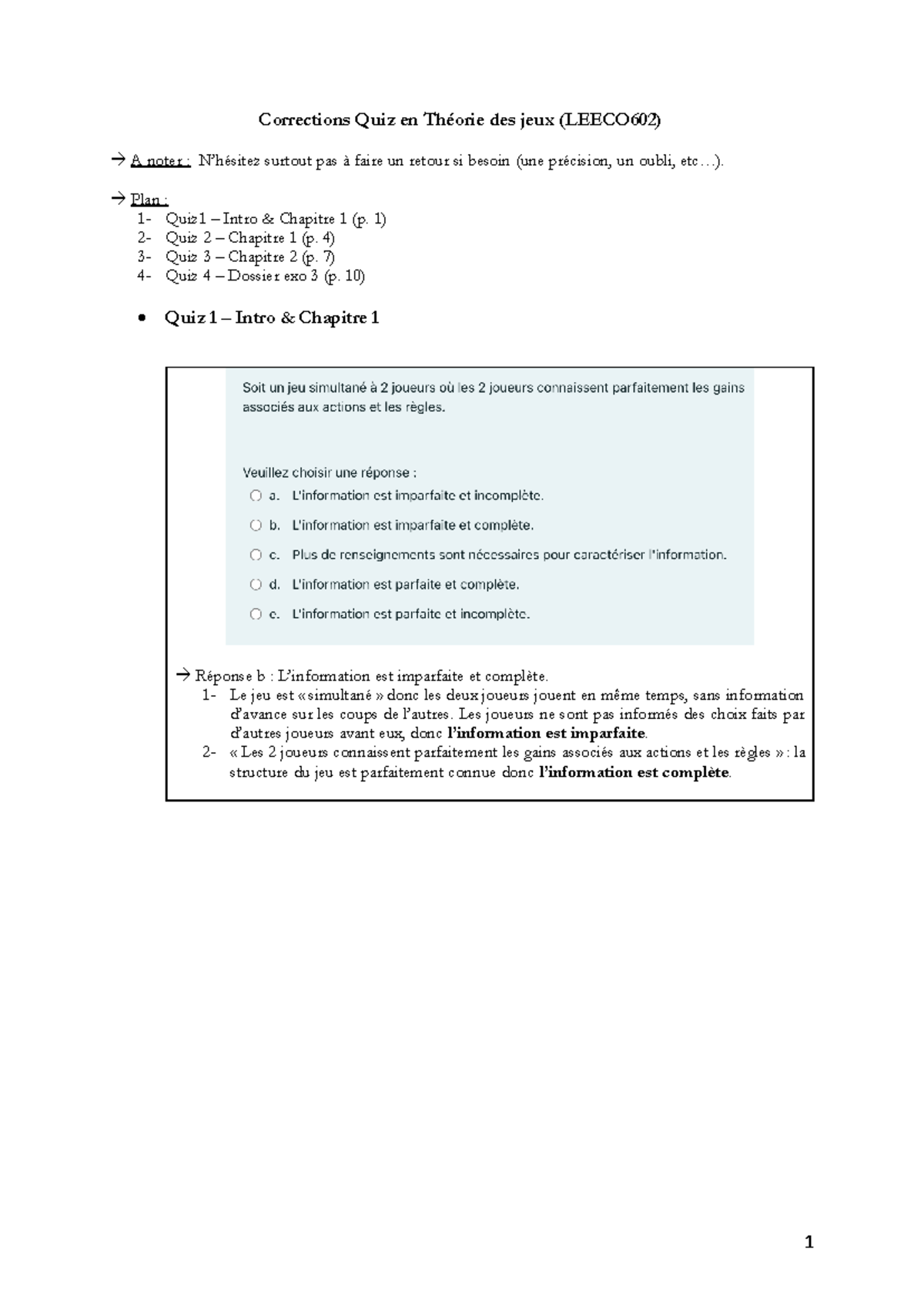Corrections Quiz - ..). Plan : 1 - Quiz1 – Intro & Chapitre 1 (p. 1) 2 ...