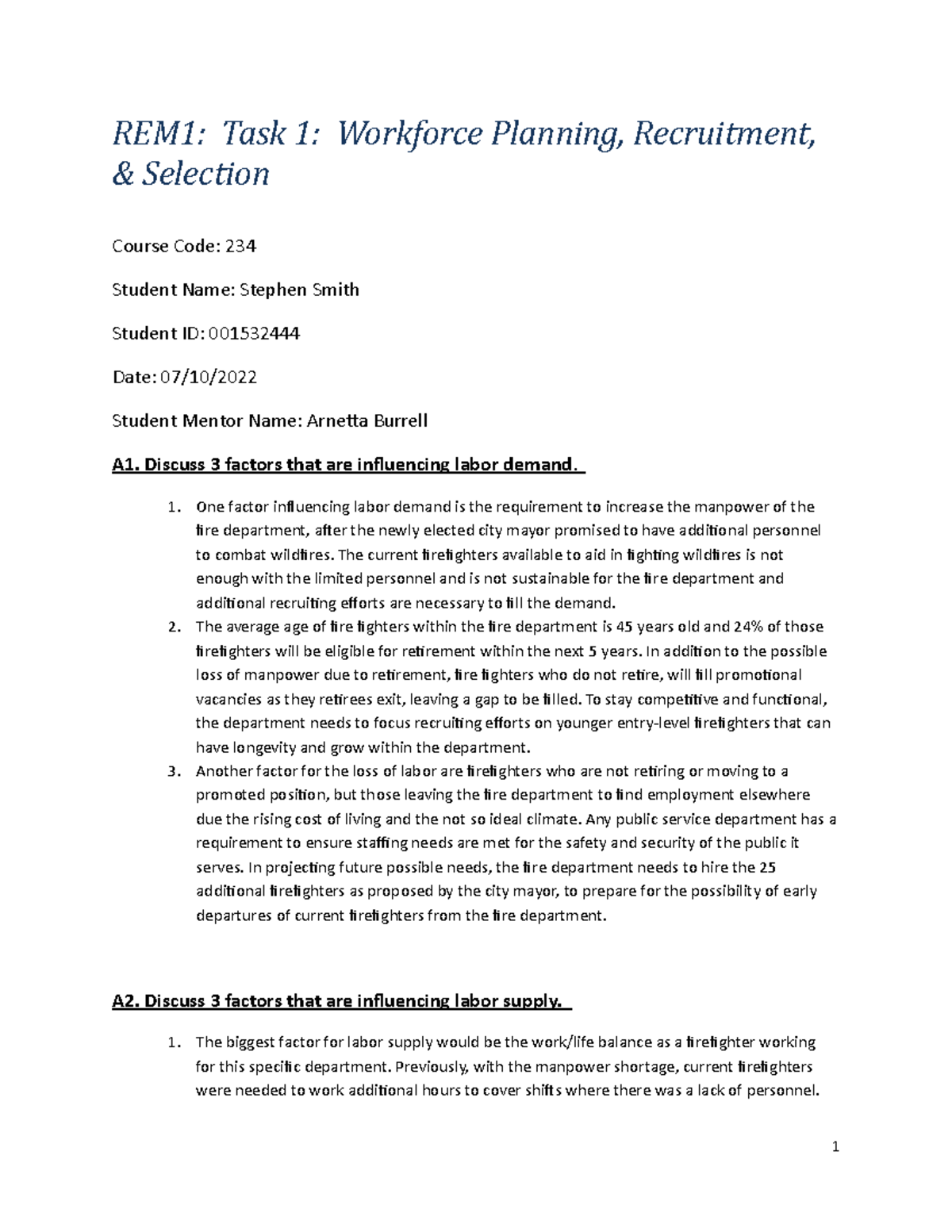 C234 Task 1 Template Current - REM1: Task 1: Workforce Planning ...