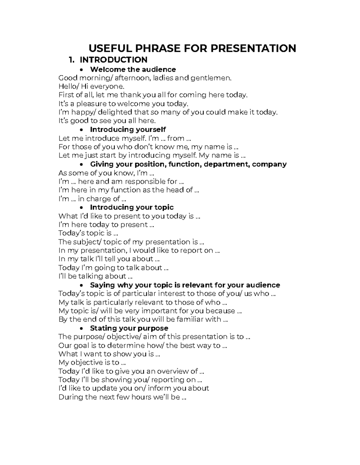 Useful phrase for presentation - USEFUL PHRASE FOR PRESENTATION 1 ...