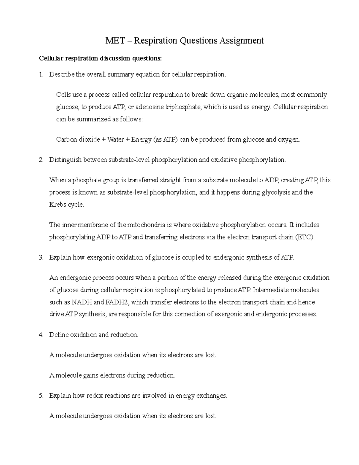 MET Respiration Questions - MET – Respiration Questions Assignment ...