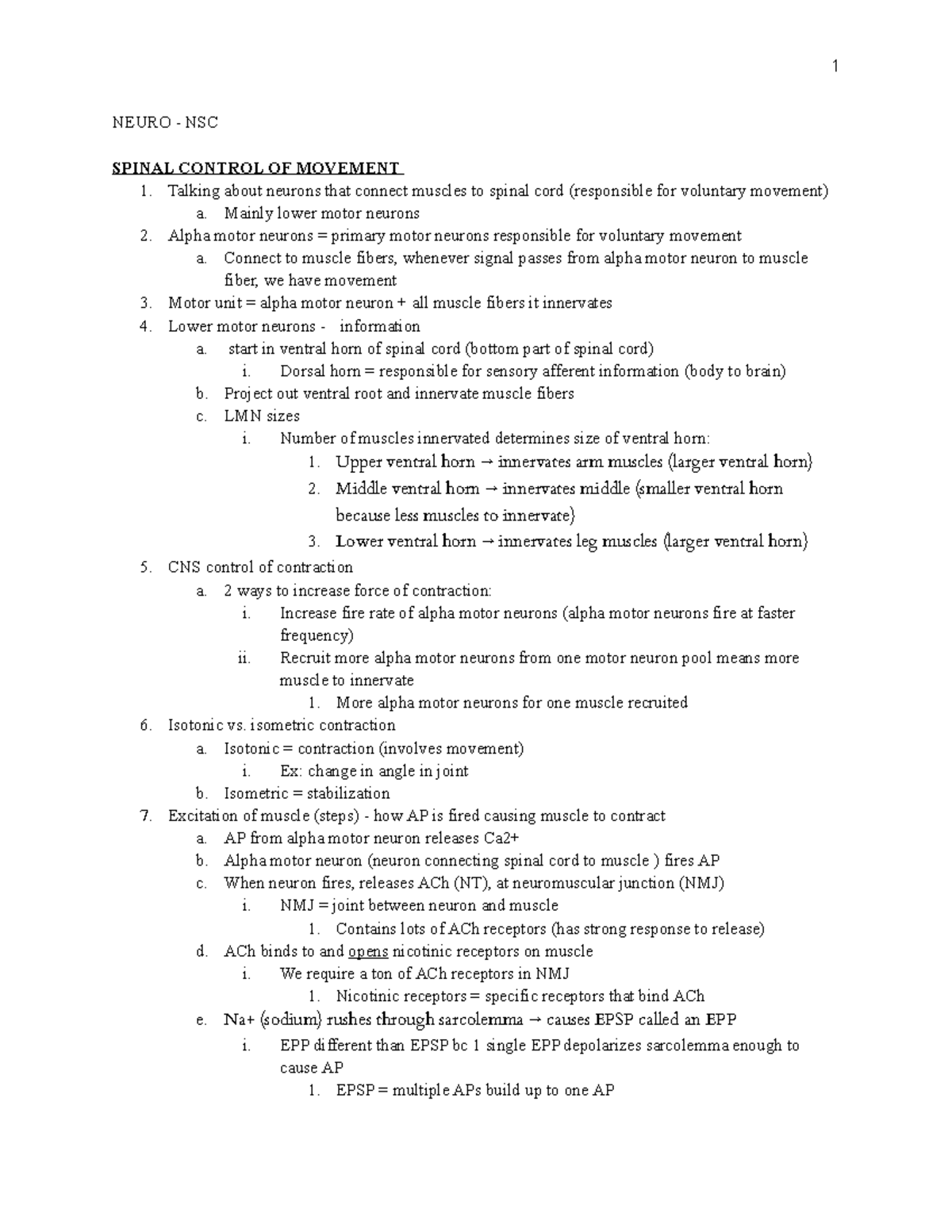 Neuro - exam 3 review session - NEURO - NSC SPINAL CONTROL OF MOVEMENT ...