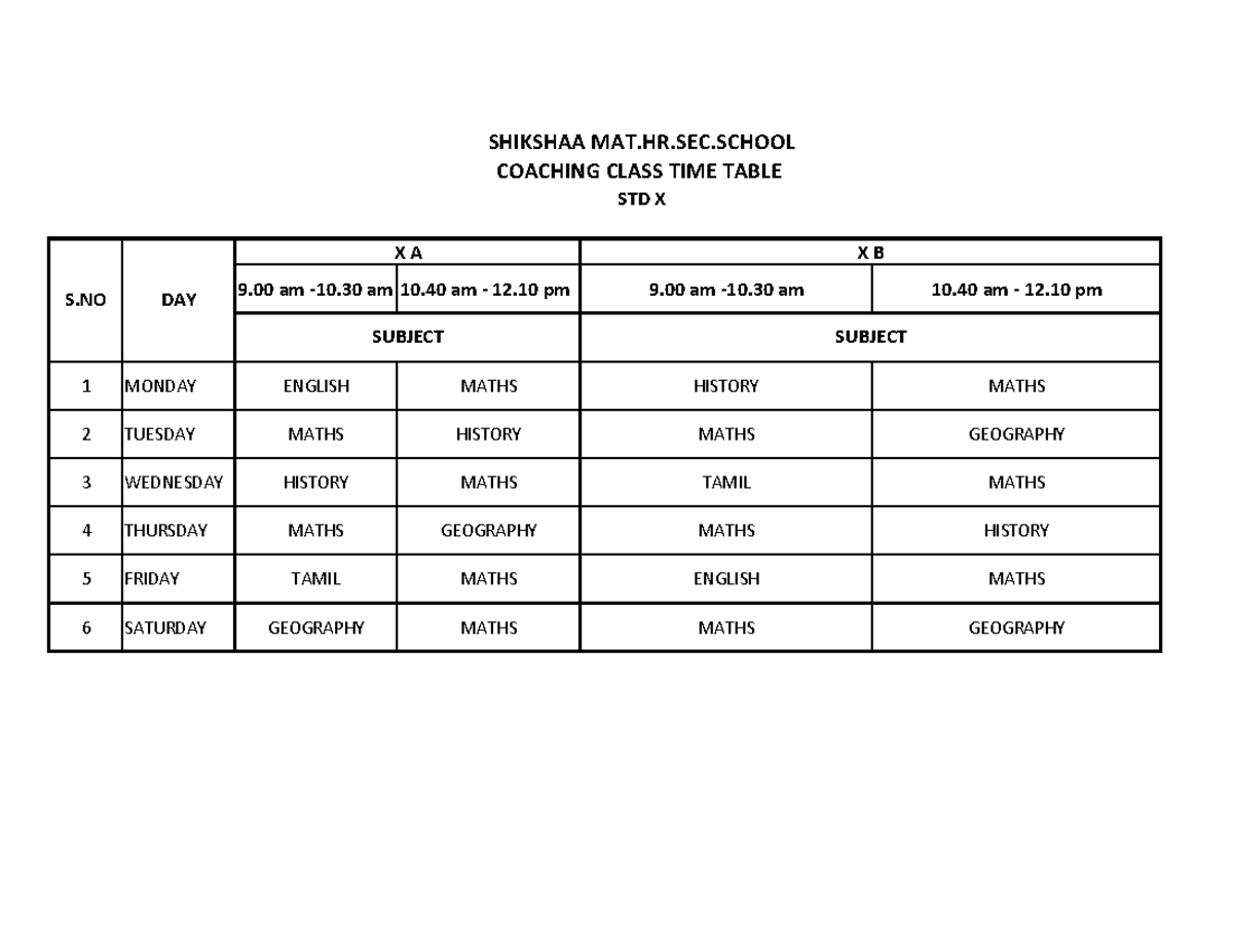 X Coaching Class TIME Table - Banking Law - 9 am -10 am 10 am - 12 pm 9 ...
