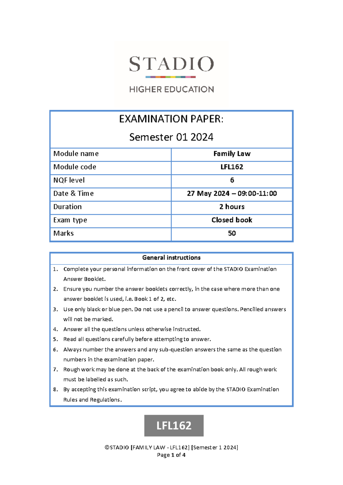 LFL162 2024 01 EXAM Paper - ©STADIO [FAMILY LAW - LFL162] [Semester 1 ...