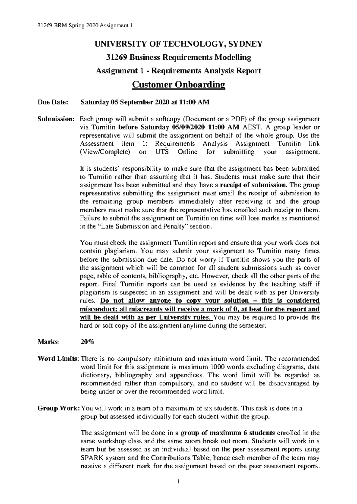 31269 BRM Spring 2020 Assignment 1 - UNIVERSITY OF TECHNOLOGY, SYDNEY 31269 Business ...