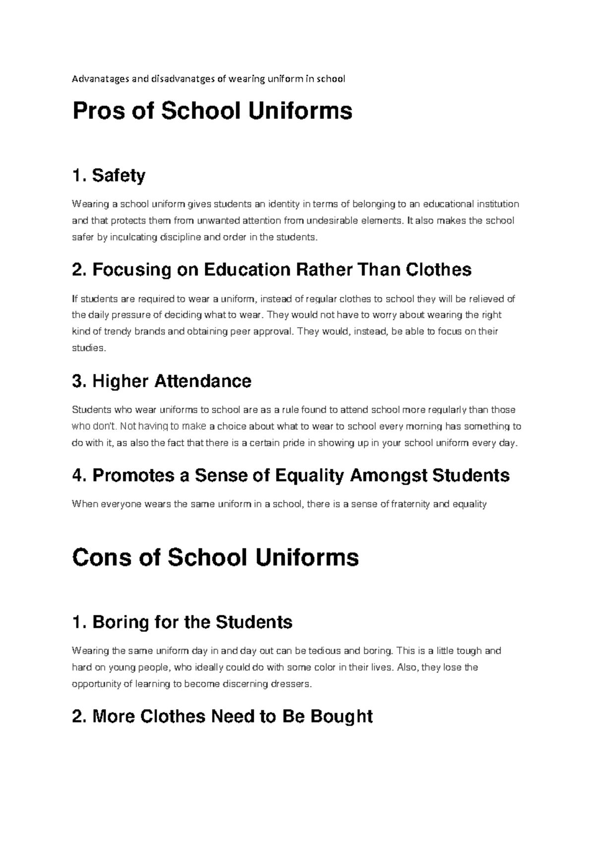 Advanatages and disadvanatges of wearing uniform in school - Safety ...