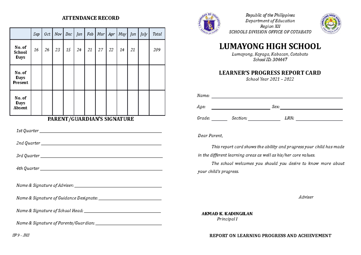 Revised Report Card 2021-2022 - ATTENDANCE RECORD PARENT/GUARDIAN’S ...