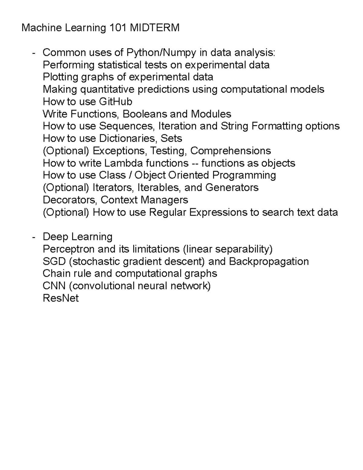 Machine Learning 101 Midterm - Machine Learning 101 MIDTERM Common uses ...