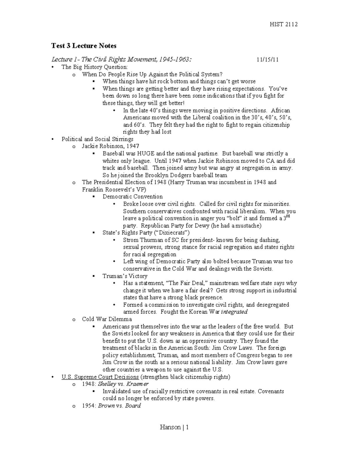 Exam 3 Lecture Notes - HIST 2112 Test 3 Lecture Notes Lecture 1- The ...