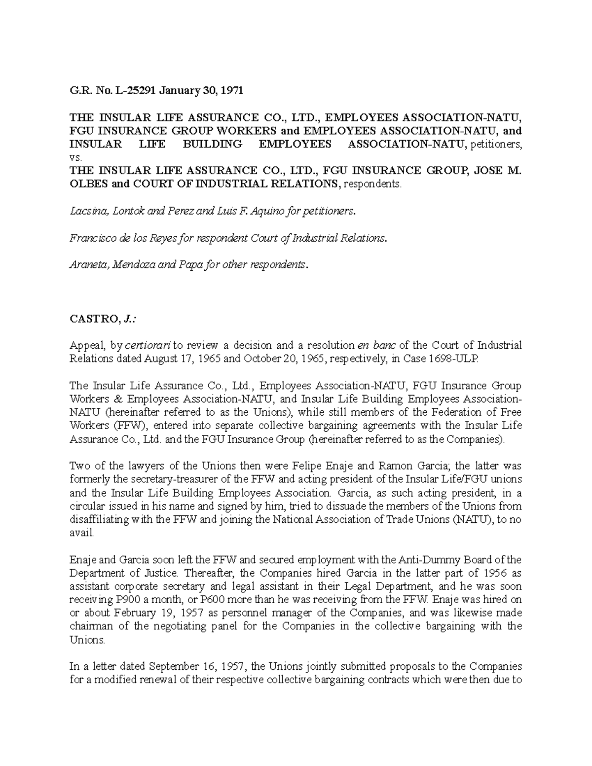 26nc Insular life L 25291 - G. No. L-25291 January 30, 1971 THE INSULAR ...