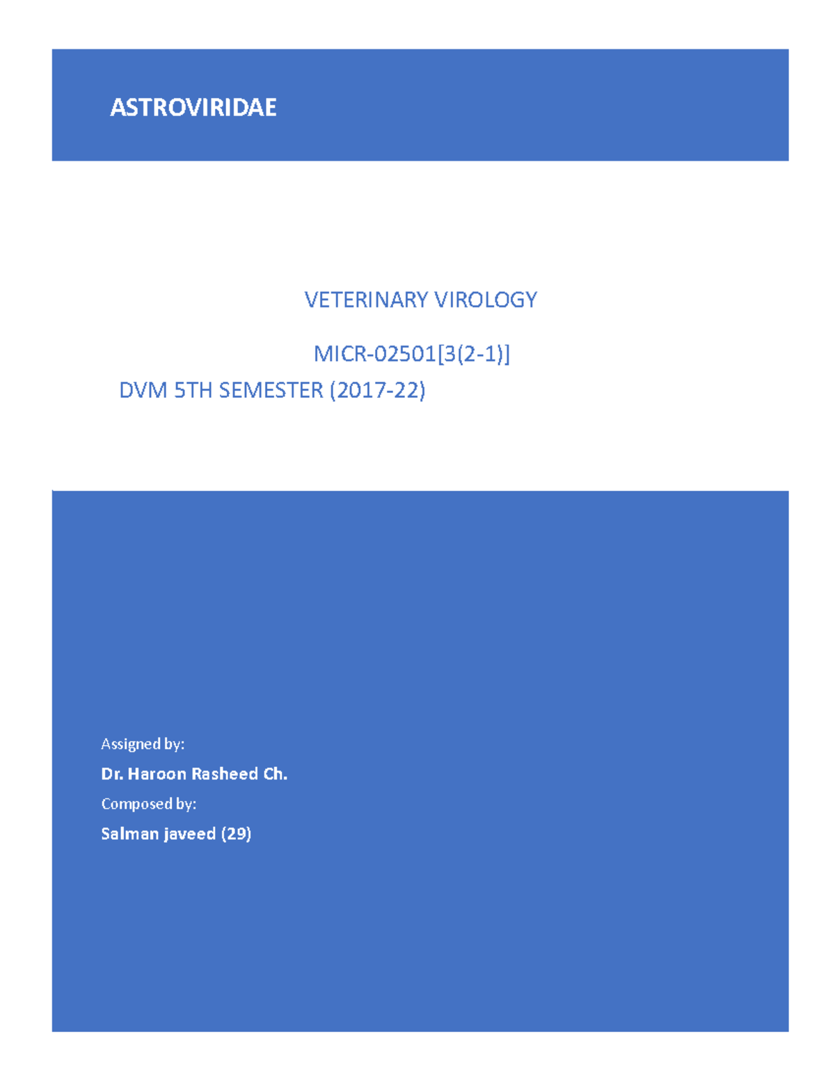 Astroviridae - ASTROVIRIDAE Assigned by: Dr. Haroon Rasheed Ch ...
