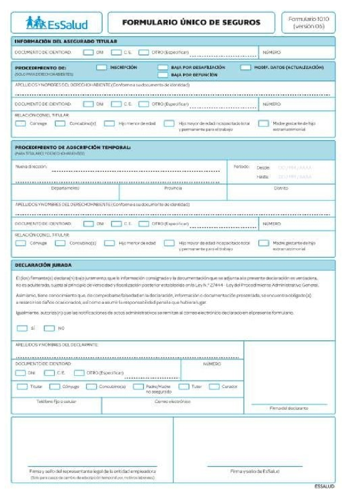 Essalud - EsSalud FORMULARIO ÚNICO DE SEGUROS Formulario 1010 (versión ...