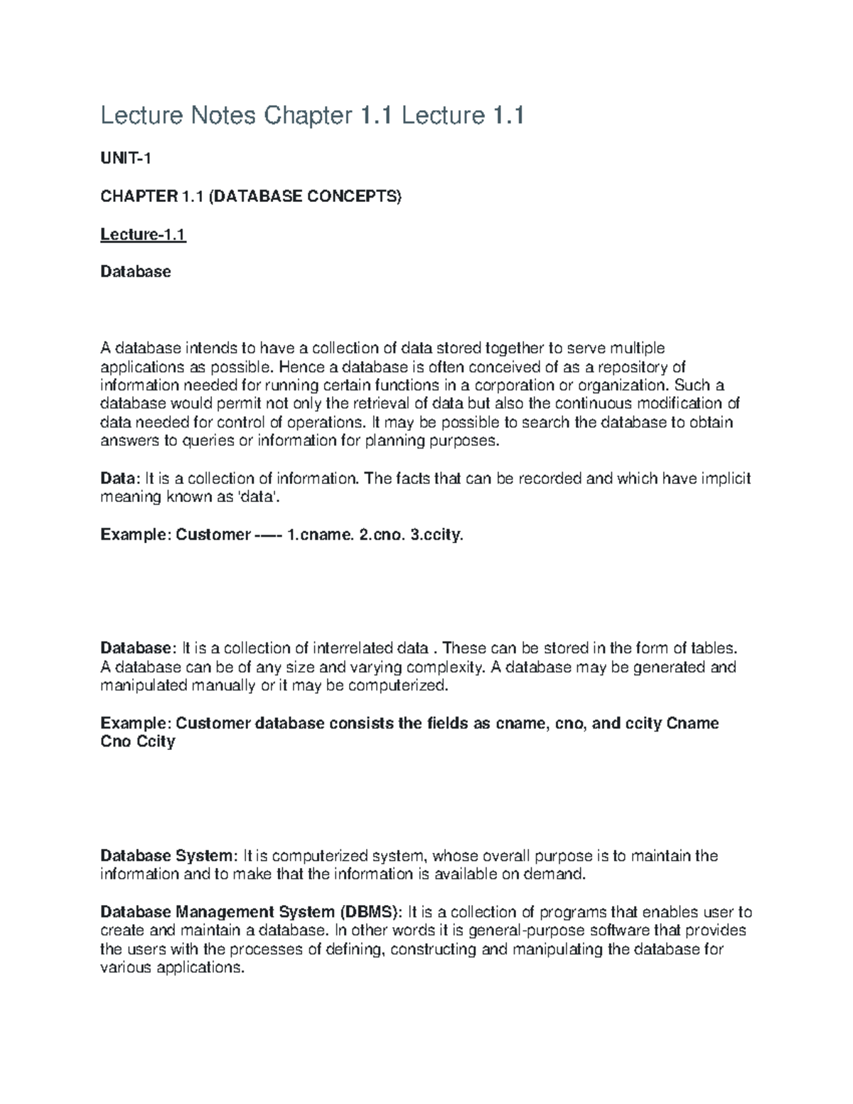 DBMS UNIT 1 ...