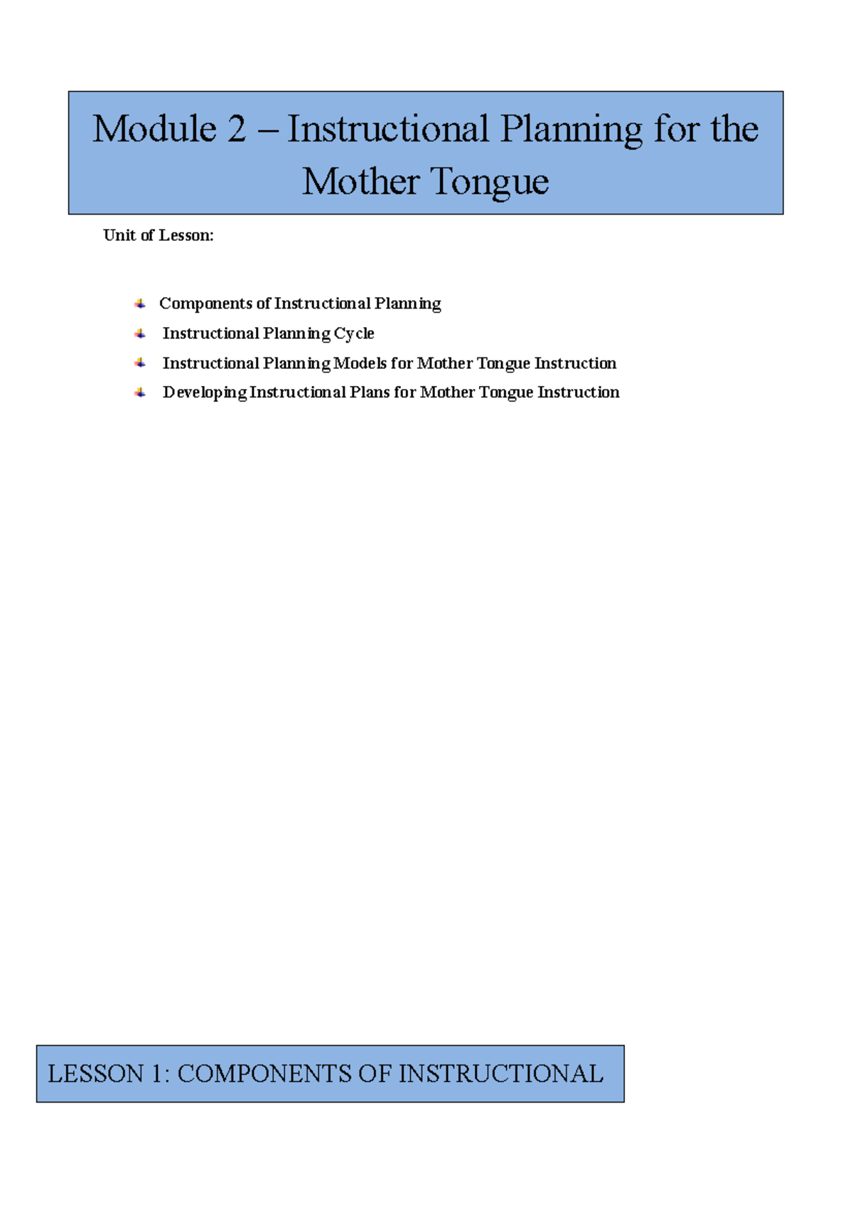EED 9 Module 1 - Teaching English in the Elementary - Unit of Lesson ...