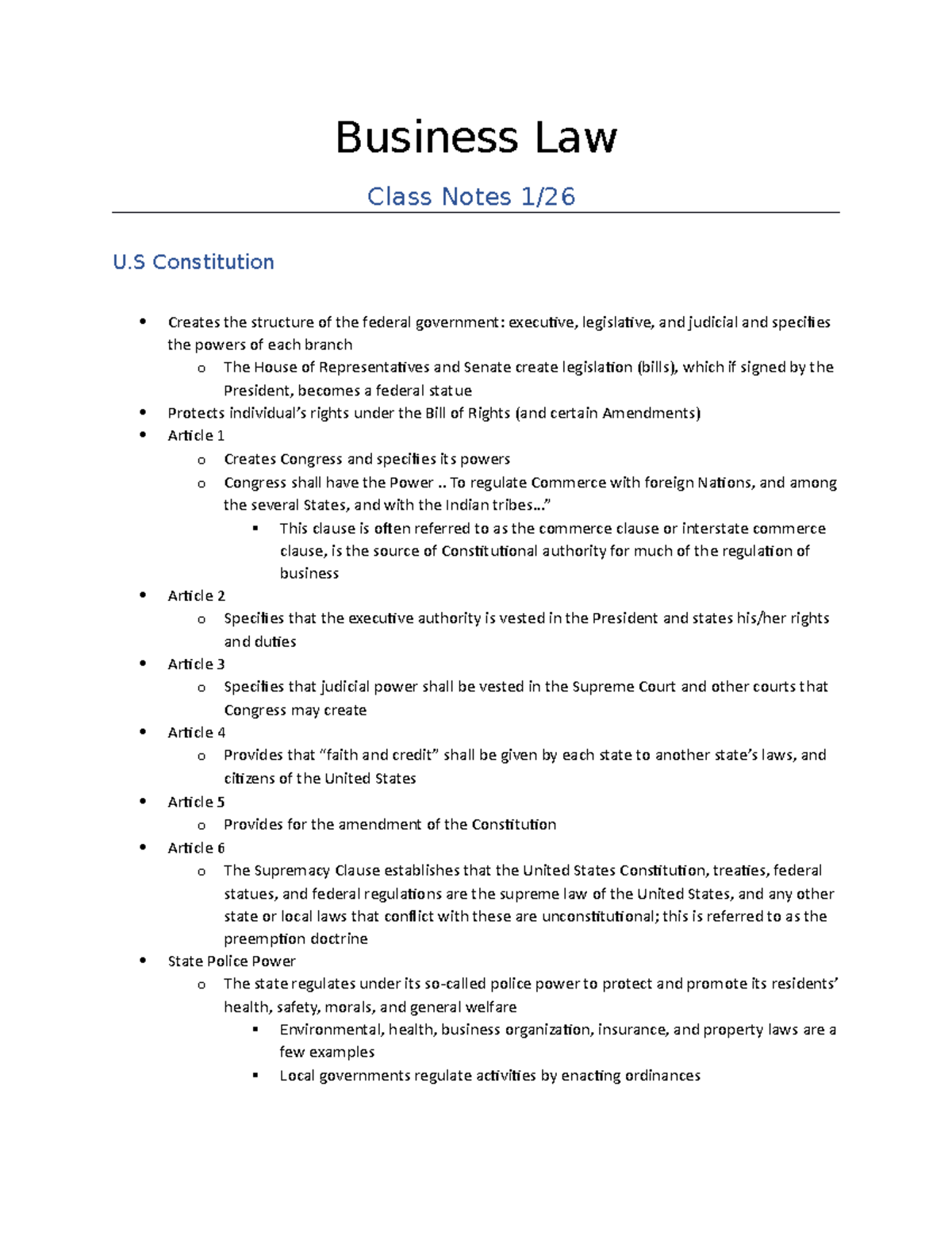 Constitutional Law Notes Business Law Class Notes 1 U Constitution