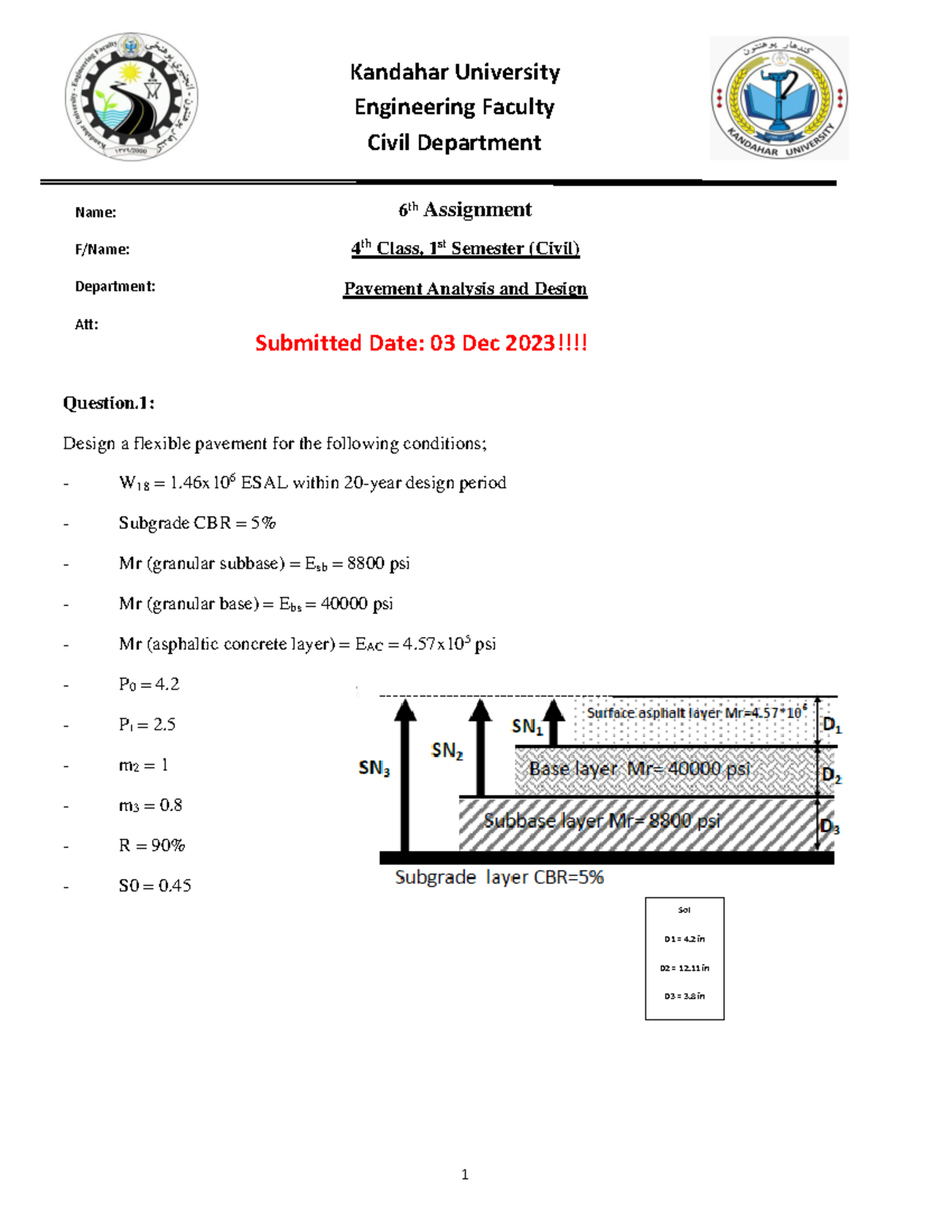 Asgn#6 (Pavement) - Kandahar University Engineering Faculty Civil Department 1 6 th Assignment 4 ...