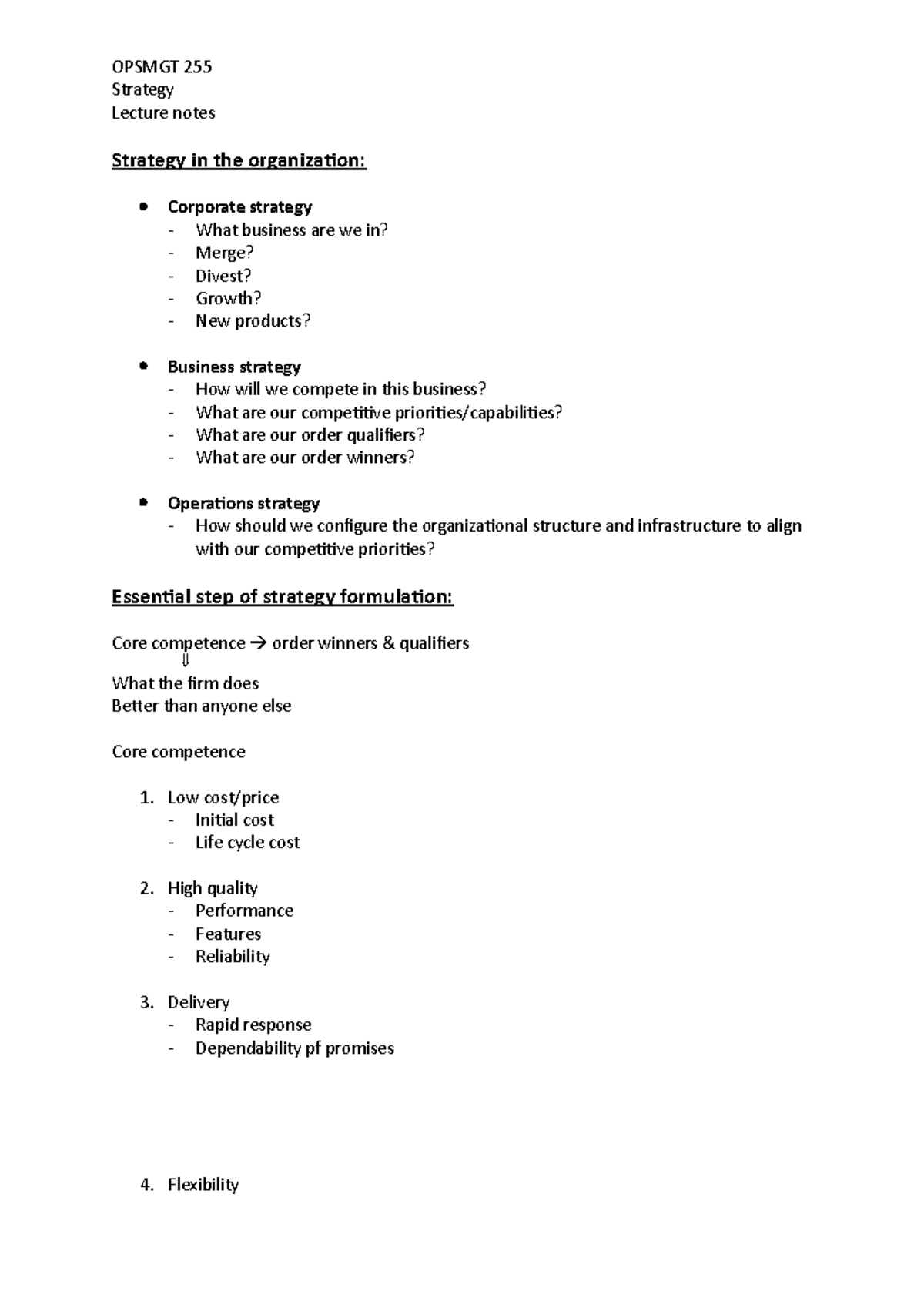 Operations and Supply Chain Management 255 - Strategy Lecture notes ...