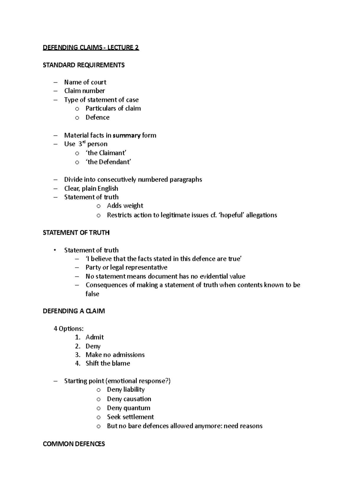 Defending Claims 2 - DEFENDING CLAIMS - LECTURE 2 STANDARD REQUIREMENTS ...