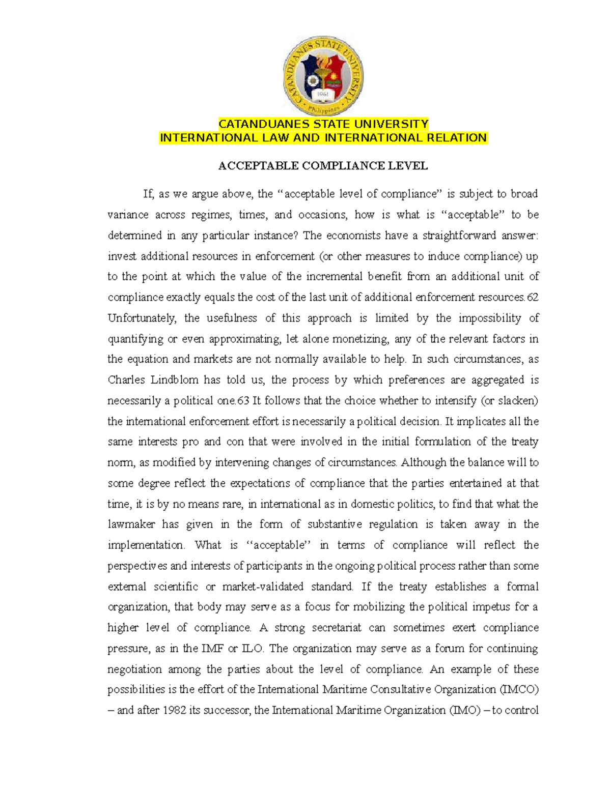 Acceptable Compliance Level - INTERNATIONAL LAW AND INTERNATIONAL ...